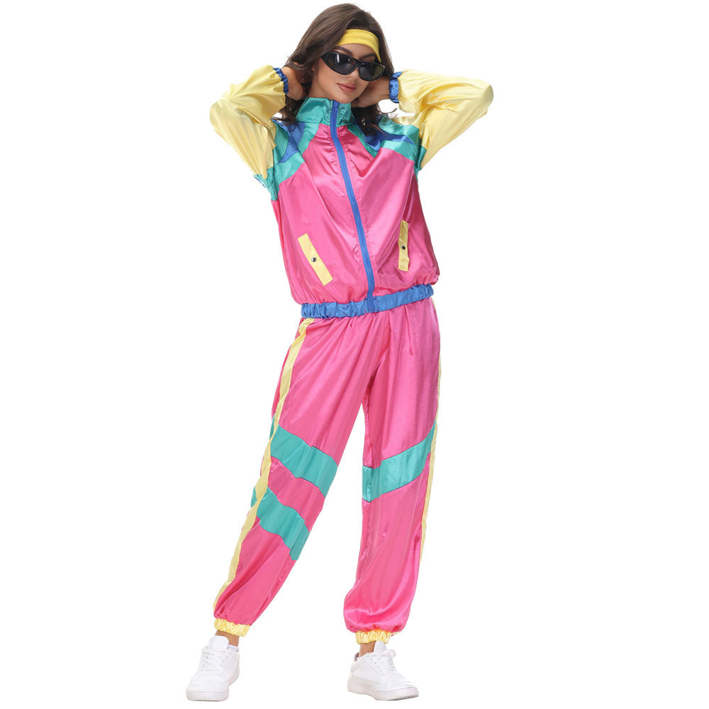 Couple 80s Tracksuit Hip Hop Disco Costume Color Block Jacket and Pant ...