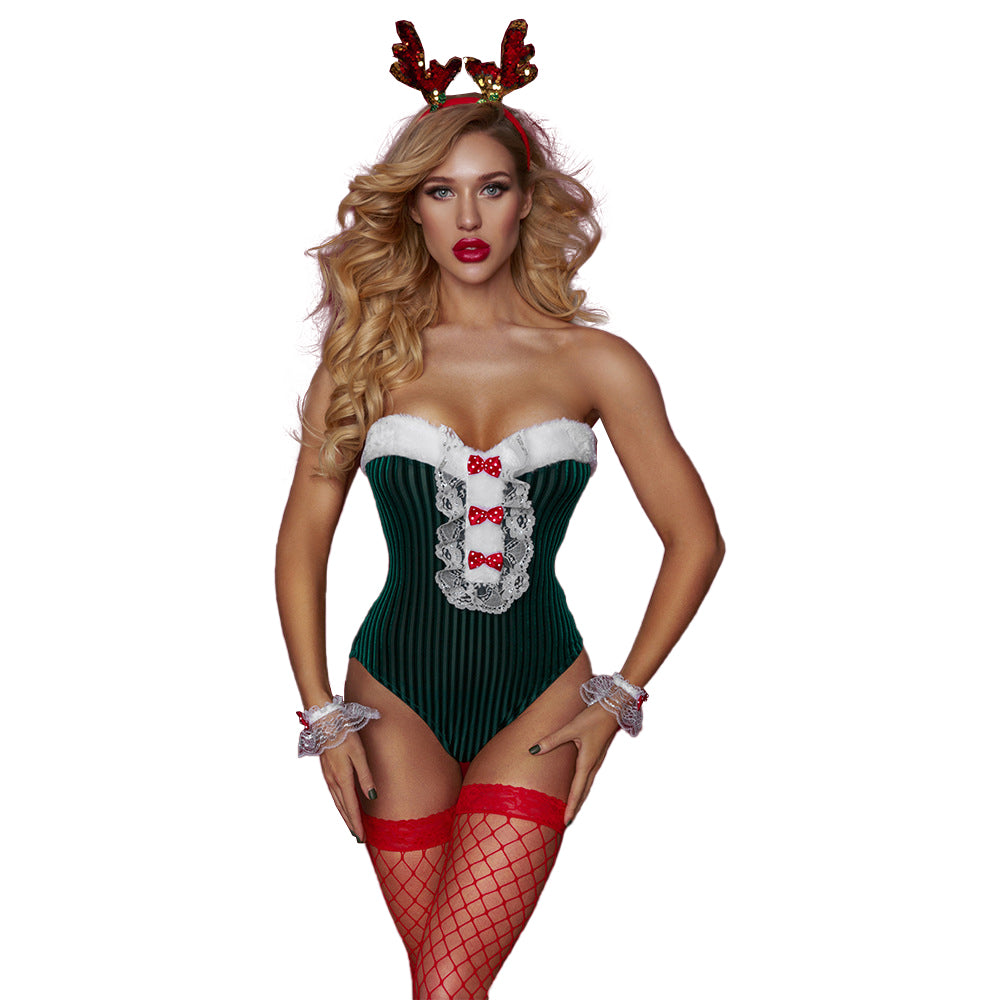 Sexy Elf Bodysuit Mrs Claus Naughty Costume Velvet Off Shoulder Green