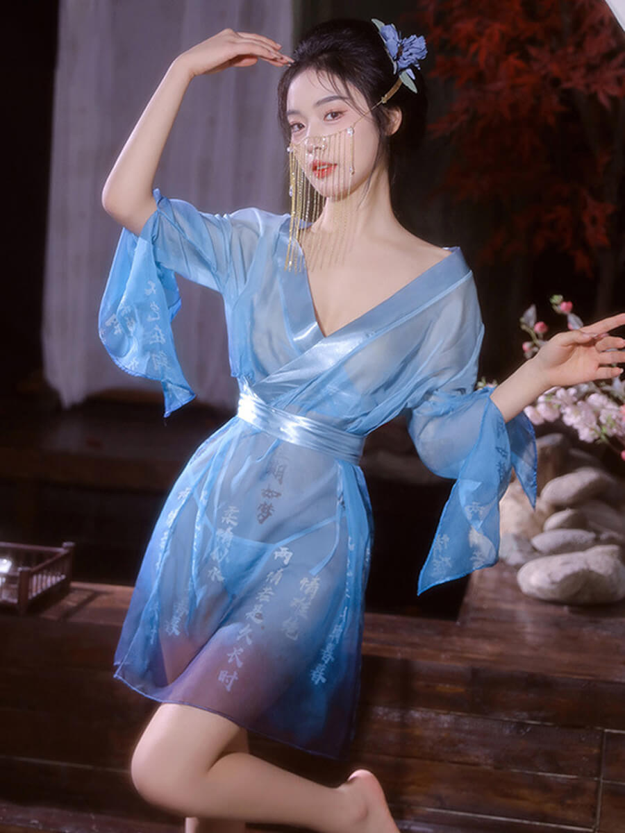 Chinese Character Print Mesh Robe Yomorio