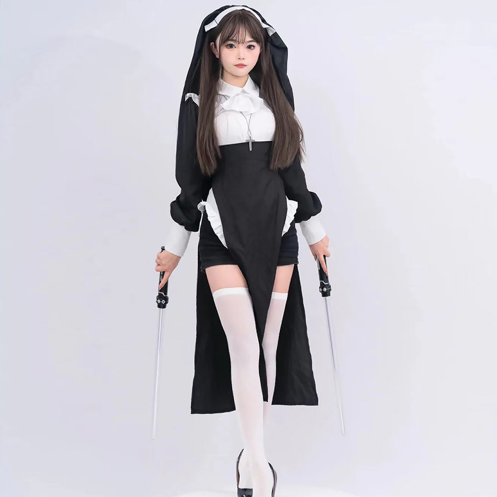 Sultry Nun Costume Habit Nun Halloween Cosplay Outfit Black Adult Fanc