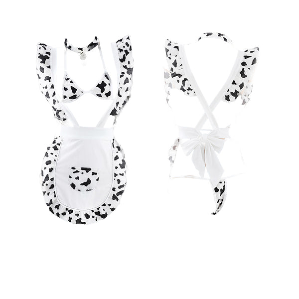 Cow Print Maid Costume Micro Bikini Set with Suspenders Apron Lingerie ...